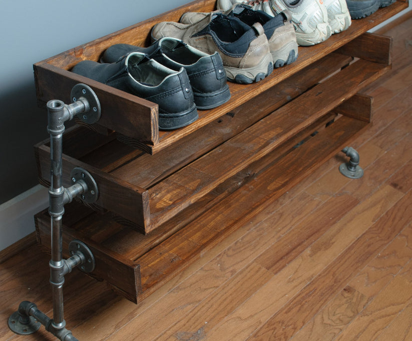 Wide Reclaimed Wood Shoe Stand with Boot Level / Rack / Organizer with ...